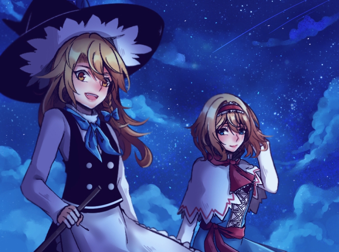 Safebooru - 2girls :d aki-melody alice margatroid apron bent elbow black hat black vest blonde ...