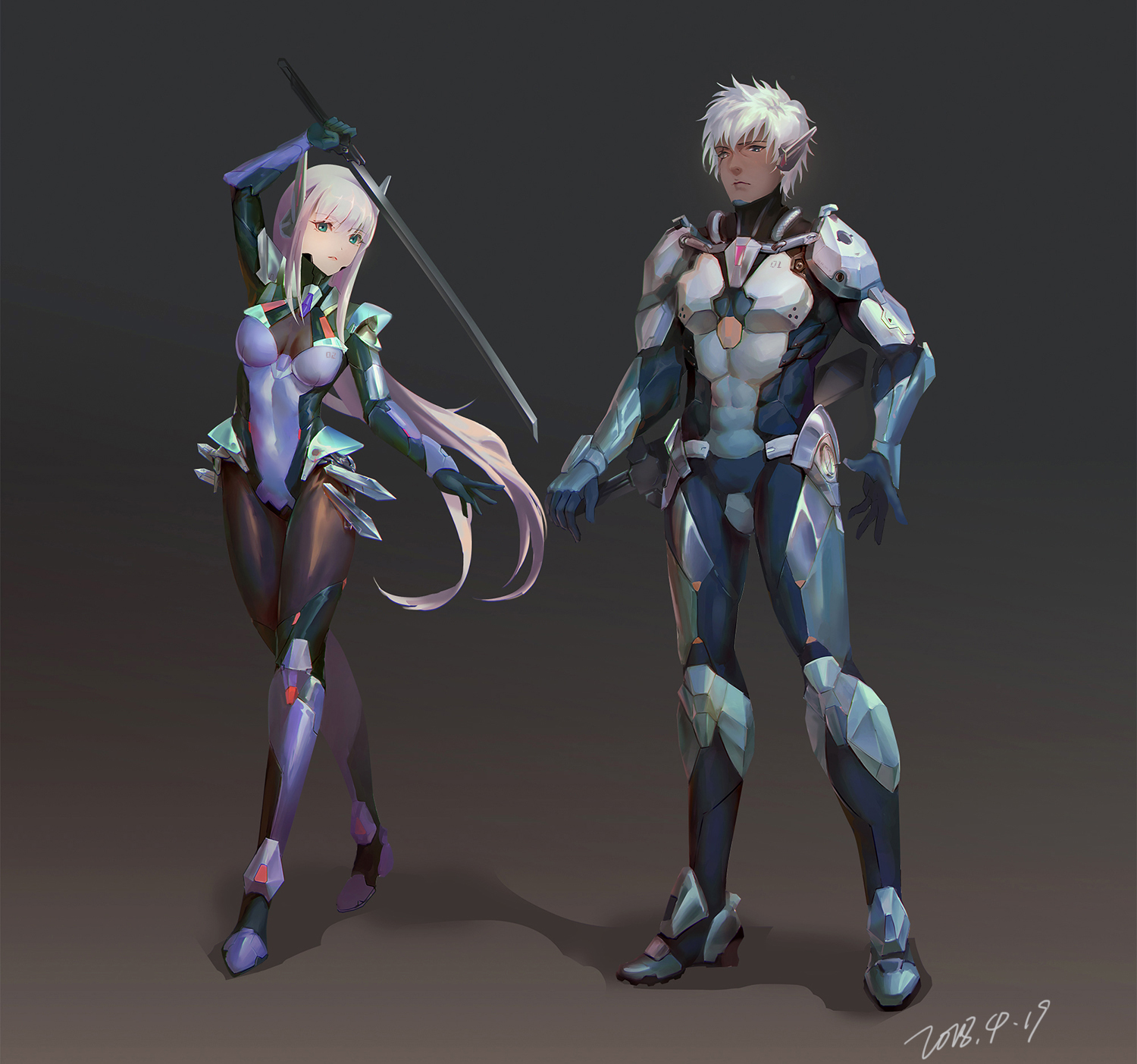 Safebooru - 1boy 1girl abs arm guards arm up armored boots black eyes black gloves blue footwear ...