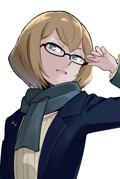 Safebooru - :d adjusting eyewear bespectacled blue jacket brown hair ...