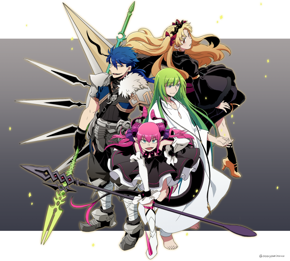 Safebooru - 1boy 2girls :d androgynous armor armored boots asaya minoru bandage bandaged leg ...