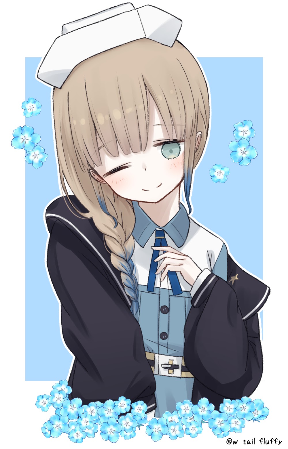 Safebooru - 1girl black jacket blonde hair blue background blue dress blue eyes blue flower ...
