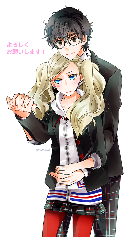 Safebooru - 1boy 1girl amamiya ren atlus black hair blue eyes blush couple earrings glasses hand ...