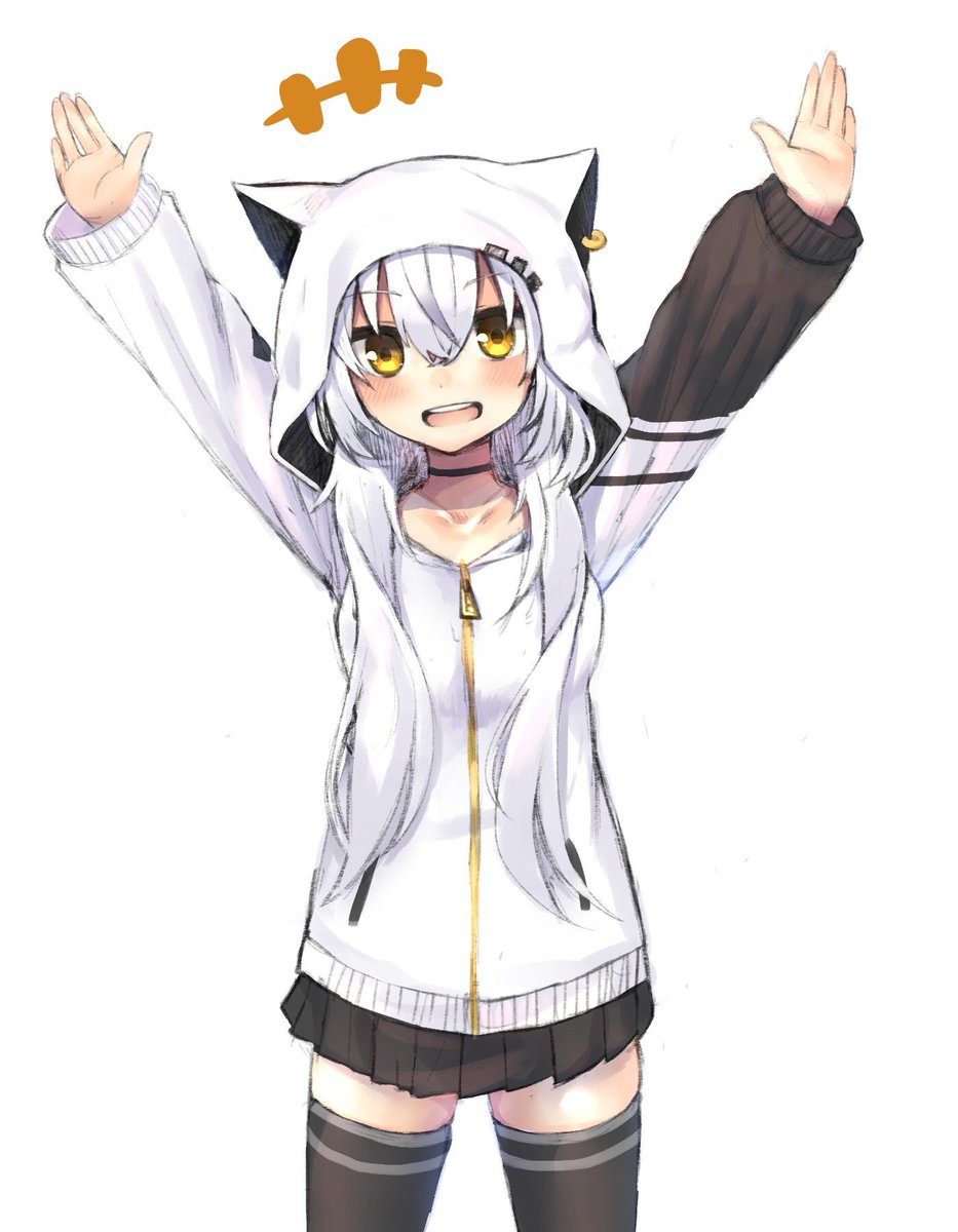 Safebooru - +++ 1girl :d \o/ animal ears animal hood arms up azuma lim ...