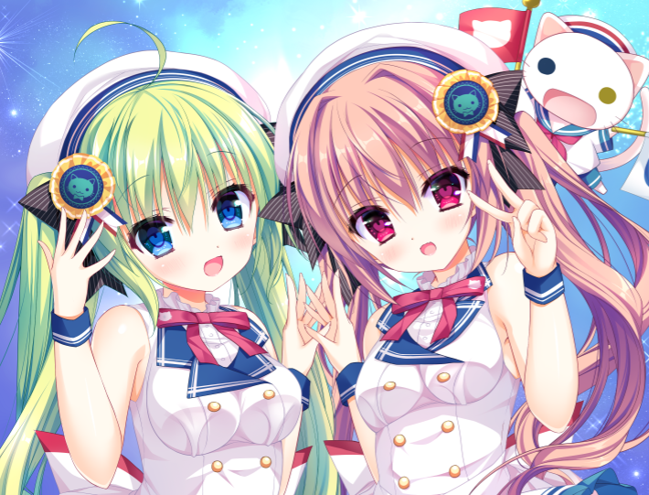 Safebooru - 2girls :d ahoge animal arm up bangs bare shoulders beret black bow blue eyes blush ...