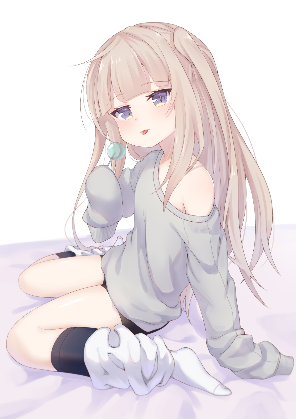 Safebooru - 1girl arm support bangs bare shoulders bed sheet bike shorts black legwear black ...