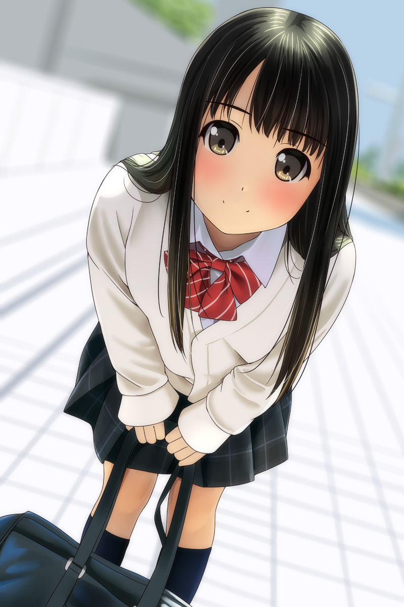 Safebooru - 1girl bangs black eyes black hair blurry blush bow bowtie cardigan closed mouth ...