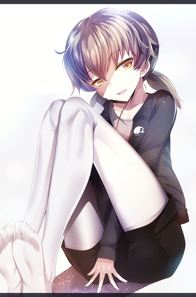 Safebooru - 1girl :d alternate costume alternate hairstyle bangs between legs black jacket black ...