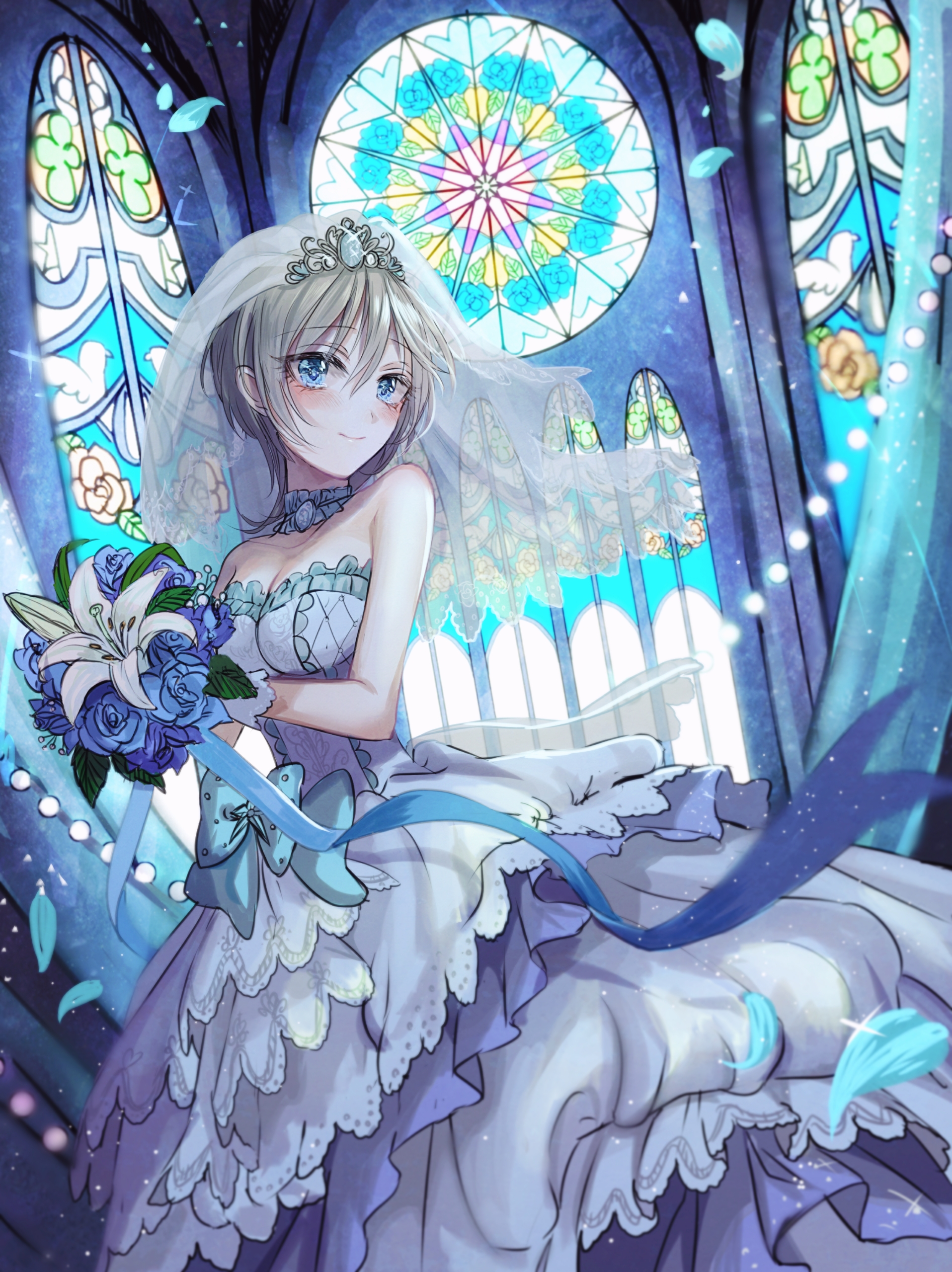 Safebooru - 1girl absurdres anastasia (idolmaster) blue eyes blue flower blush bouquet breasts ...