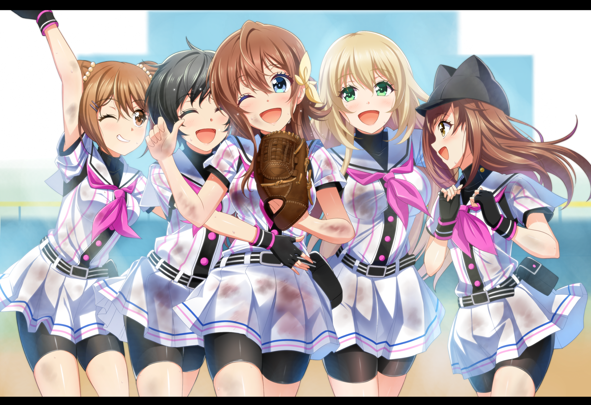 Safebooru - :d animal ears arihara tsubasa arm up baseball glove beads bike shorts black belt ...