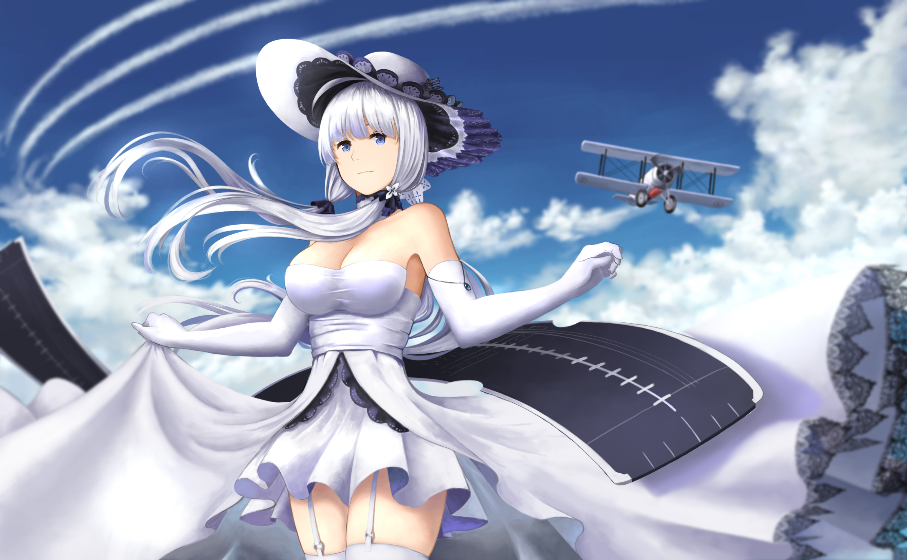 Safebooru - 1girl aircraft airplane azur lane bare shoulders blue eyes breasts cleavage closed ...