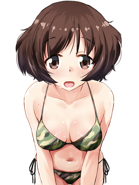 Safebooru - 1girl akiyama yukari bangs bikini breasts brown eyes brown hair camouflage ...