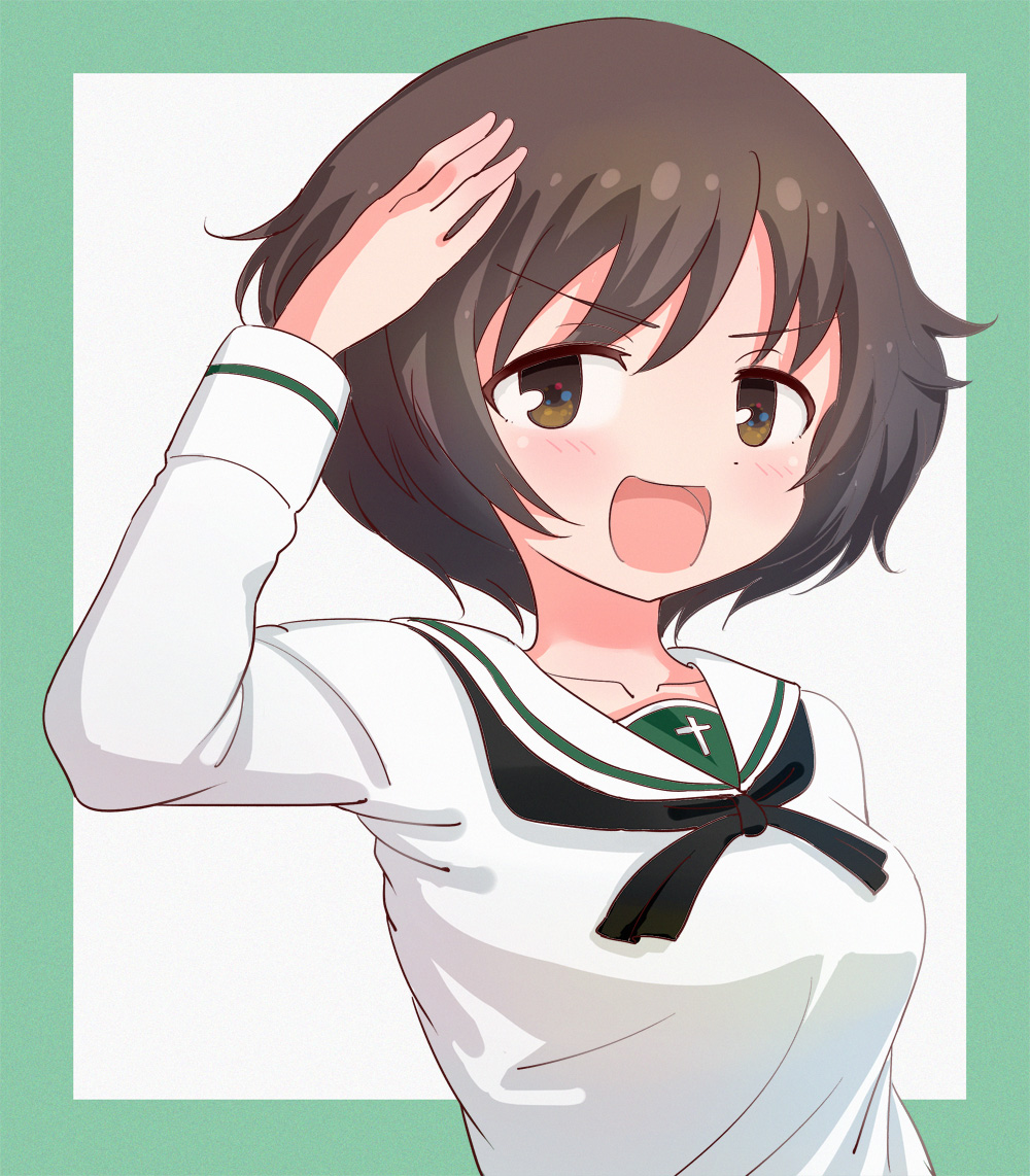Safebooru - 1girl :d akiyama yukari bangs black neckwear blouse brown eyes brown hair commentary ...