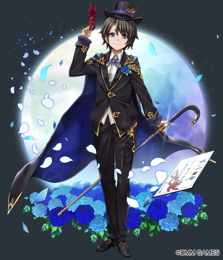 Safebooru - 1boy black cape black hair black hat black pants black suit blue eyes blue flower ...