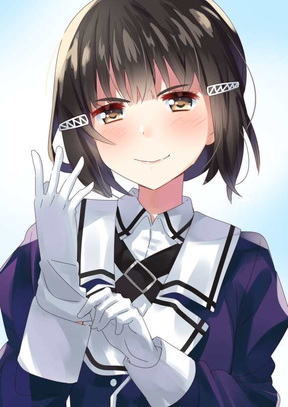 Safebooru - 1girl adjusting clothes adjusting gloves blue background blush brown eyes brown hair ...