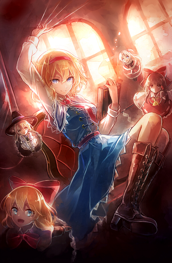 Safebooru - 5girls 60mai :d alice margatroid apron arm up ascot black hat blonde hair blue dress ...