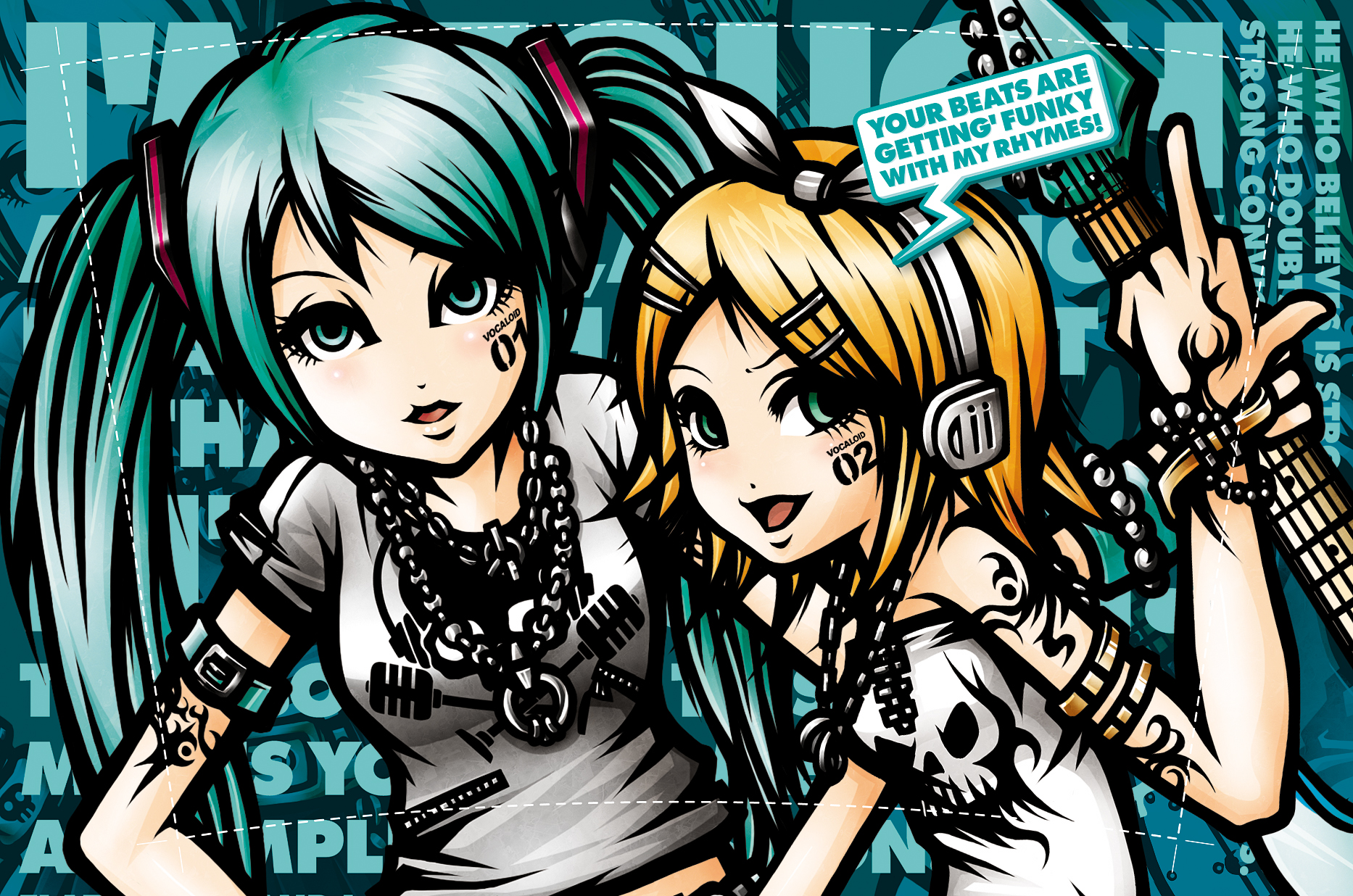 Safebooru - aqua hair blonde hair chain chains engrish guitar hair ...