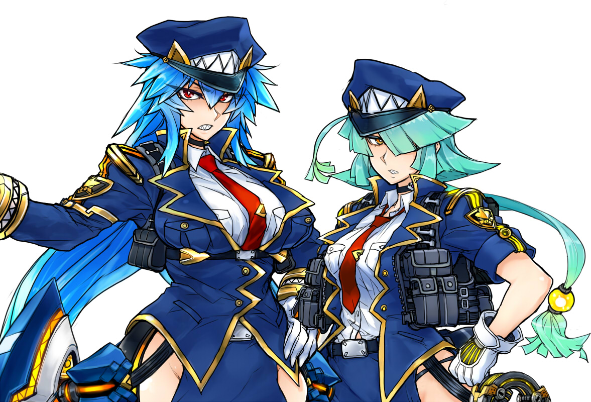 Safebooru - 2girls belt black choker blue hair blue hat blue jacket blue skirt breasts bright ...