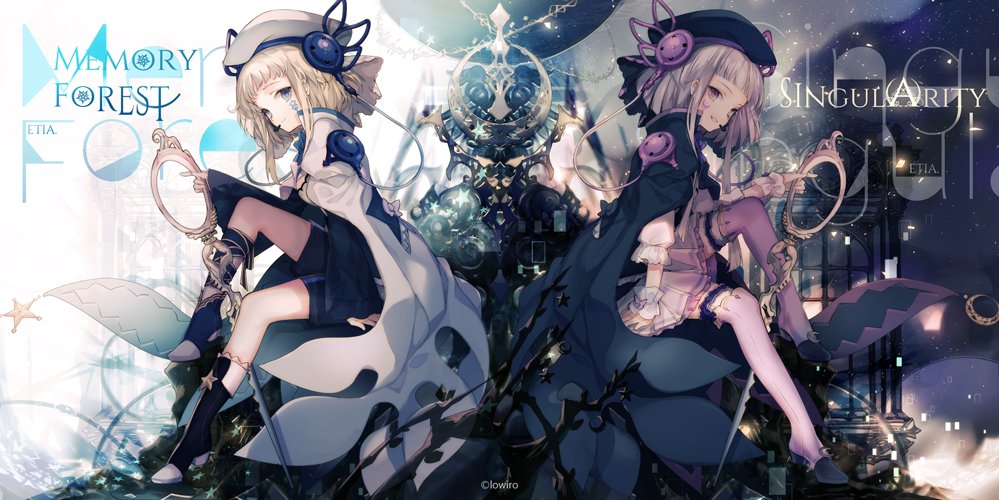 Safebooru - 2girls album cover arcaea background background text beret black bow black cape ...