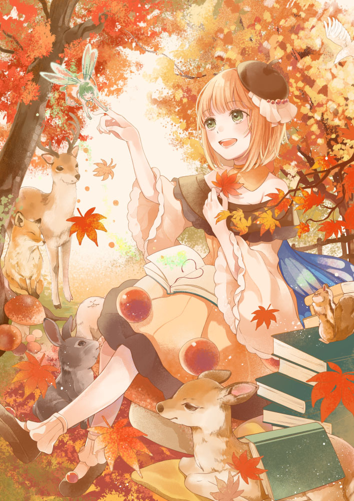Safebooru - 2girls :d ^ ^ animal autumn leaves beret bird black capelet black hat blonde hair ...