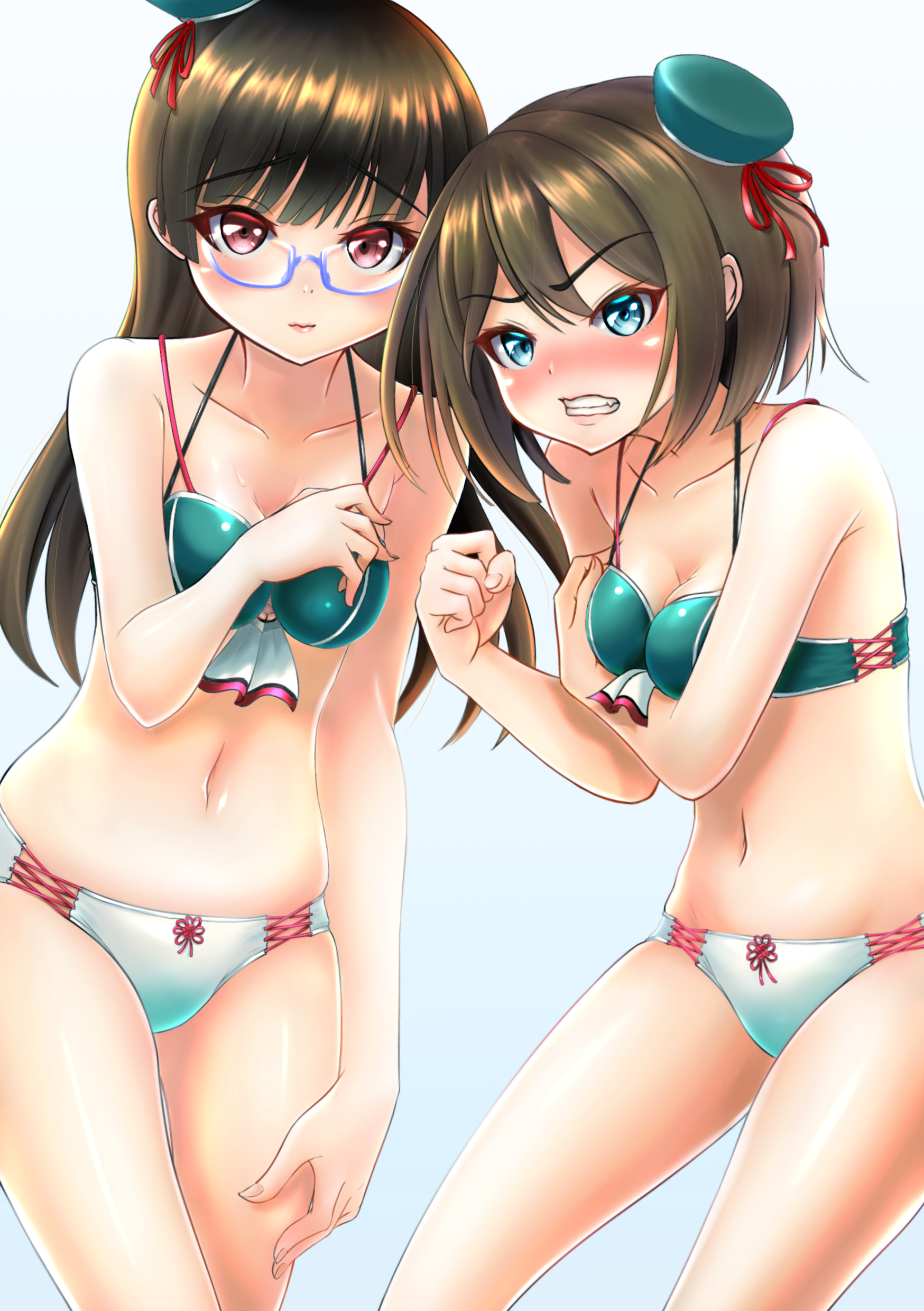 Safebooru - 2girls absurdres adapted costume angry aqua bikini aqua hat beret bikini blue eyes ...