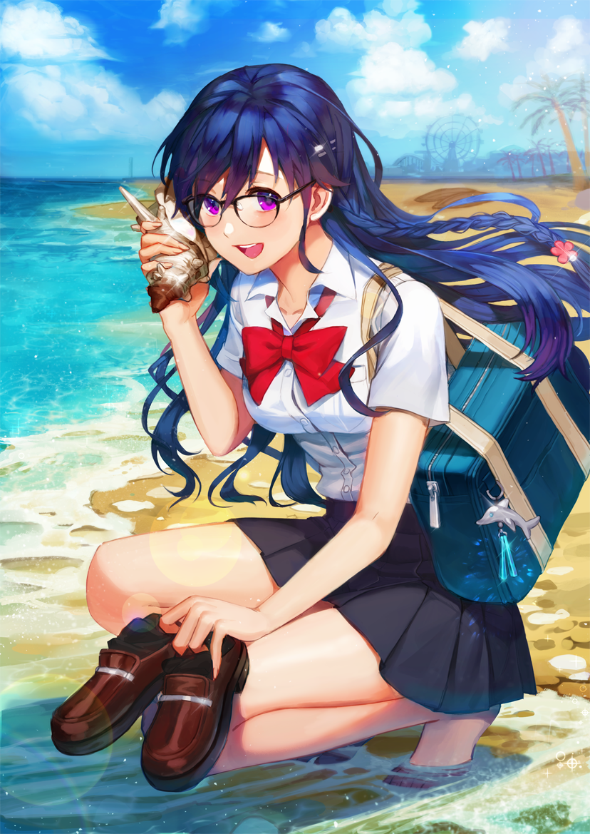 Safebooru - 1girl :d bag bag charm barefoot beach black-framed eyewear black skirt blue hair bow ...