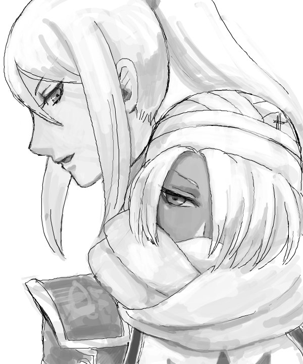 Safebooru - 2girls androgynous blush dark skin goma tonbi hair over one ...
