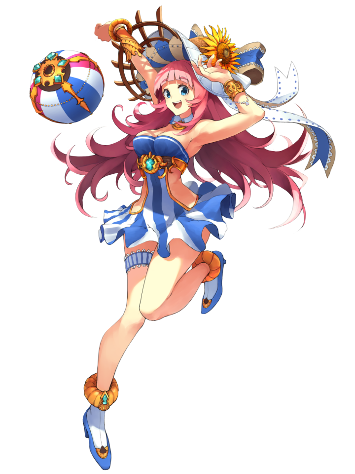 Safebooru - 1girl :d armpits arms up ball bangs bare shoulders beachball blue hat blue skirt ...
