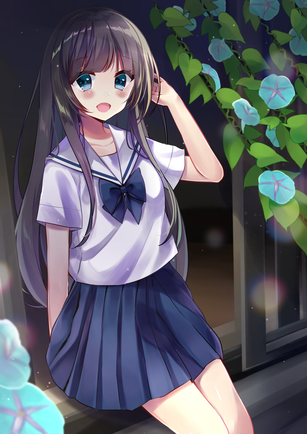 Safebooru - 1girl :d arm up bangs blue eyes blue flower blue neckwear blue skirt blurry blurry ...