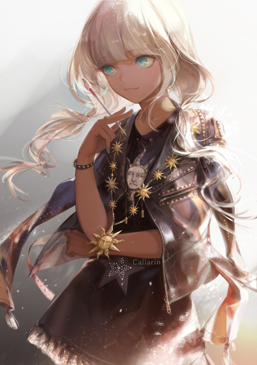 Safebooru - 1girl artist name blue eyes callarinc closed mouth dangan ronpa highres holding ...