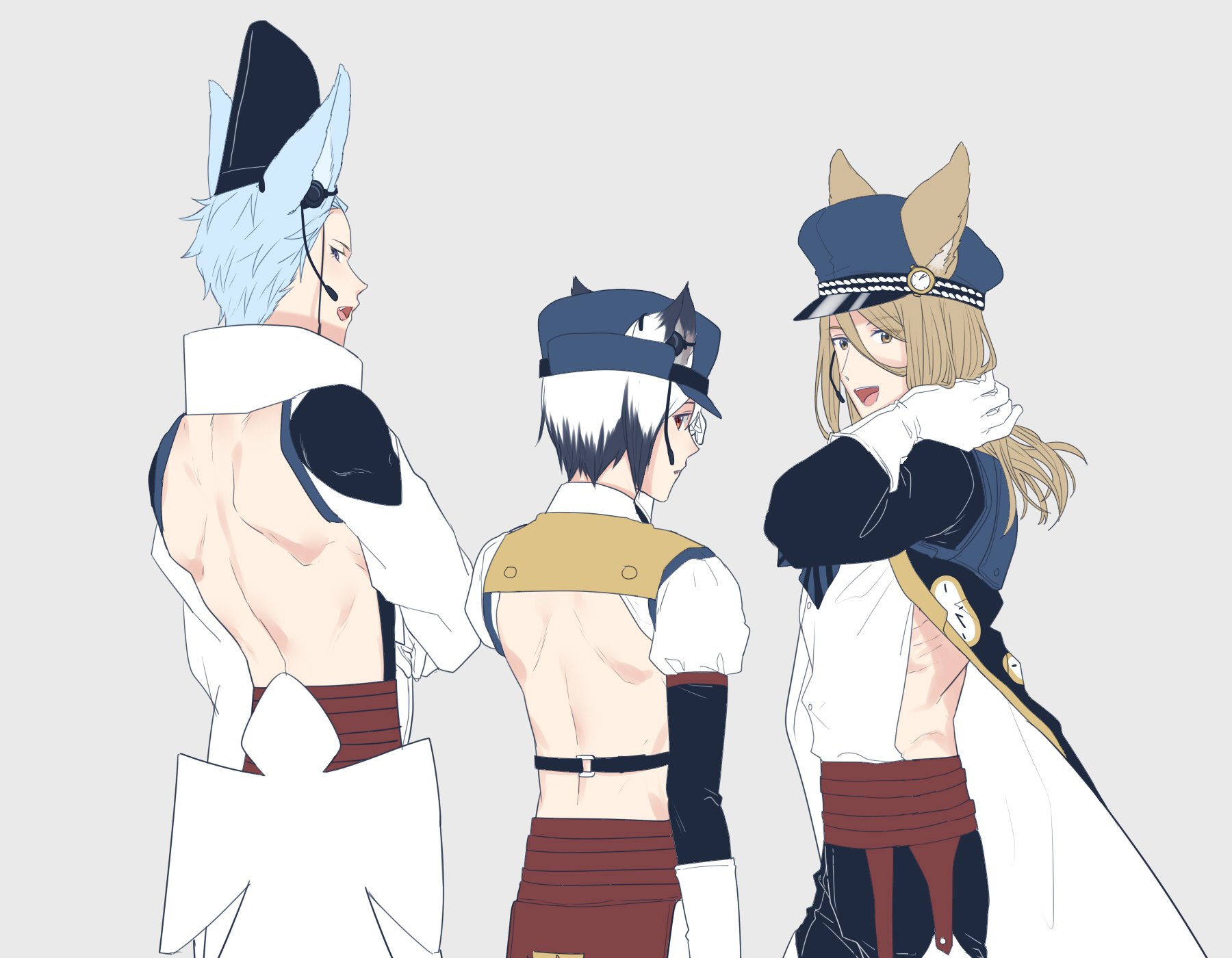 Safebooru - 3boys animal ears back backless outfit belt black hair blue hair brown hair crossed ...