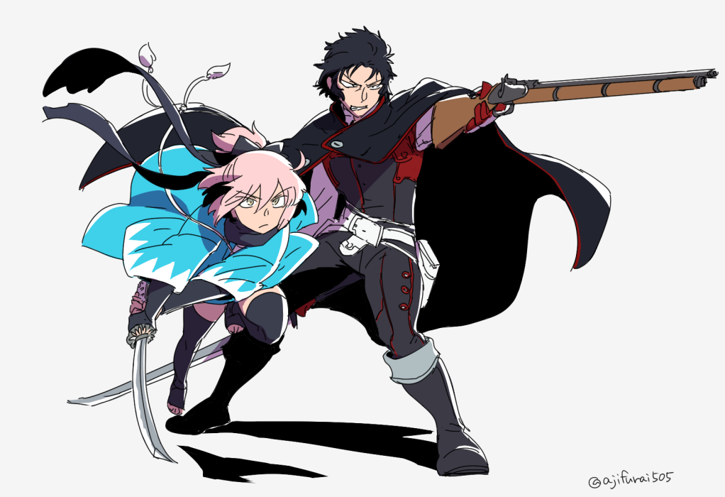 Safebooru - 1boy 1girl arm guards asaya minoru bangs black bow black cape black footwear black ...