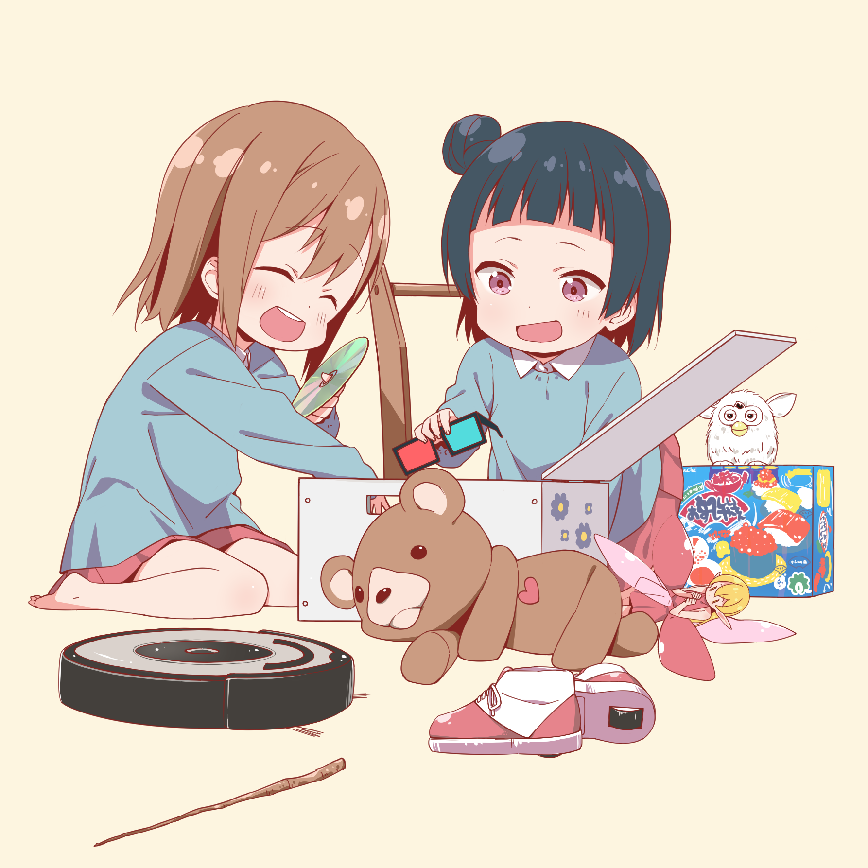 Safebooru - 2c=galore 2girls 3d glasses :d ^ ^ bangs barefoot blue hair ...