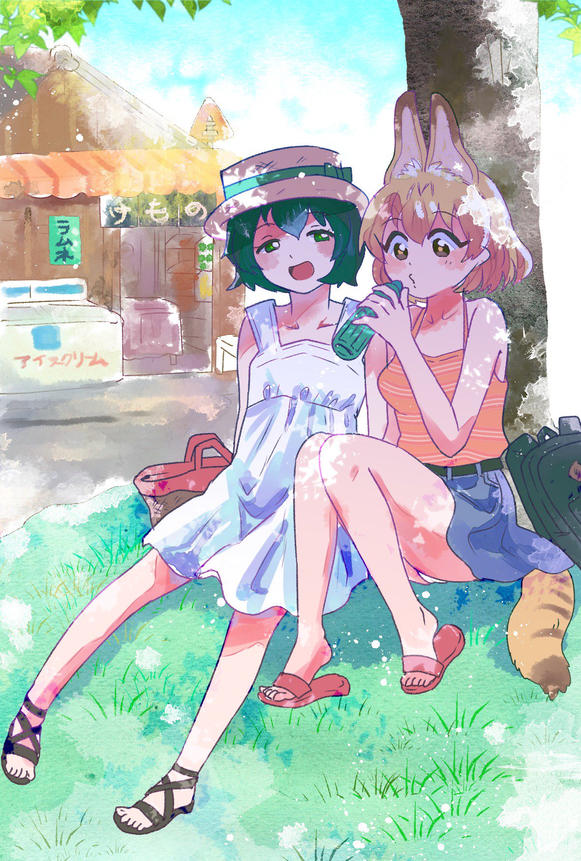 Safebooru - 2girls alternate headwear animal ears backpack bag bare shoulders black hair blonde ...