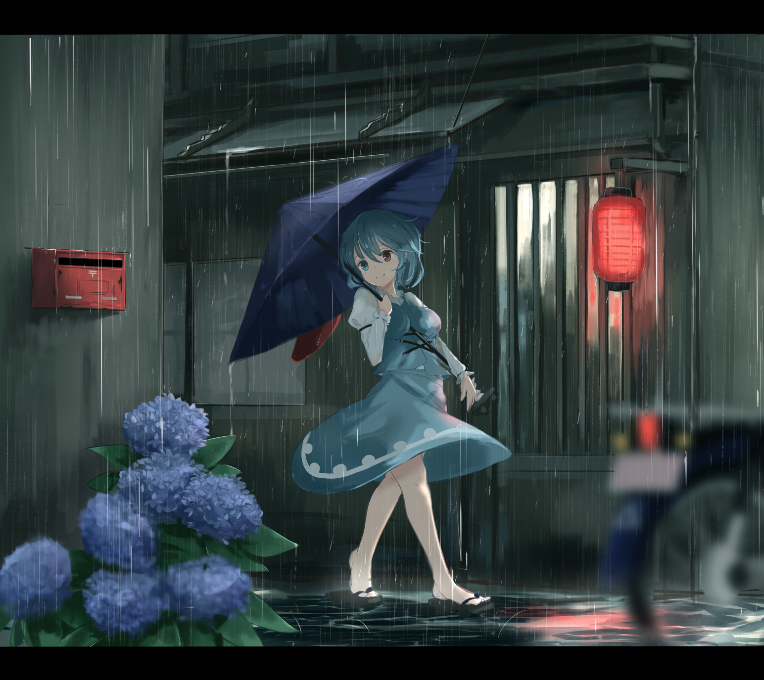 Safebooru - 1girl blue eyes blue hair blue skirt blue umbrella blue vest cross-laced clothes ...