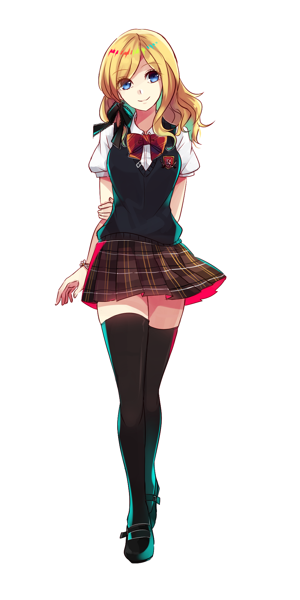 Safebooru - 1girl arm behind back bangs black footwear black legwear black ribbon black vest ...