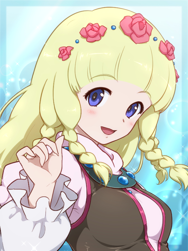 Safebooru - 1girl :d blonde hair blue background blue border blue eyes border braid flower ...