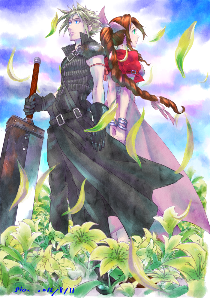 Safebooru - 1boy 1girl aerith gainsborough blonde hair blue eyes bow braid breasts brown hair ...