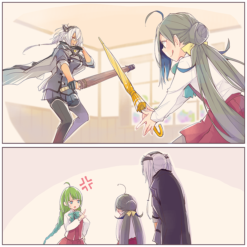 Safebooru - 2koma 3girls ahoge anger vein black legwear black skirt bow bowtie braid catfight ...