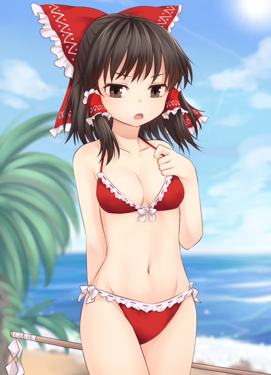 Safebooru - 1girl arm behind back bangs bare arms bare shoulders beach bikini black eyes black ...
