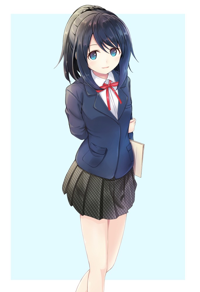 Safebooru - 1girl akisaka yamoka arm behind back black hair black skirt blazer blue eyes blue ...
