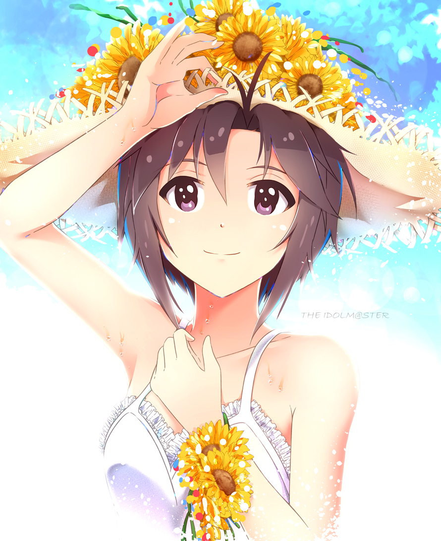 Safebooru - 1girl arm up black eyes black hair copyright name dress ...