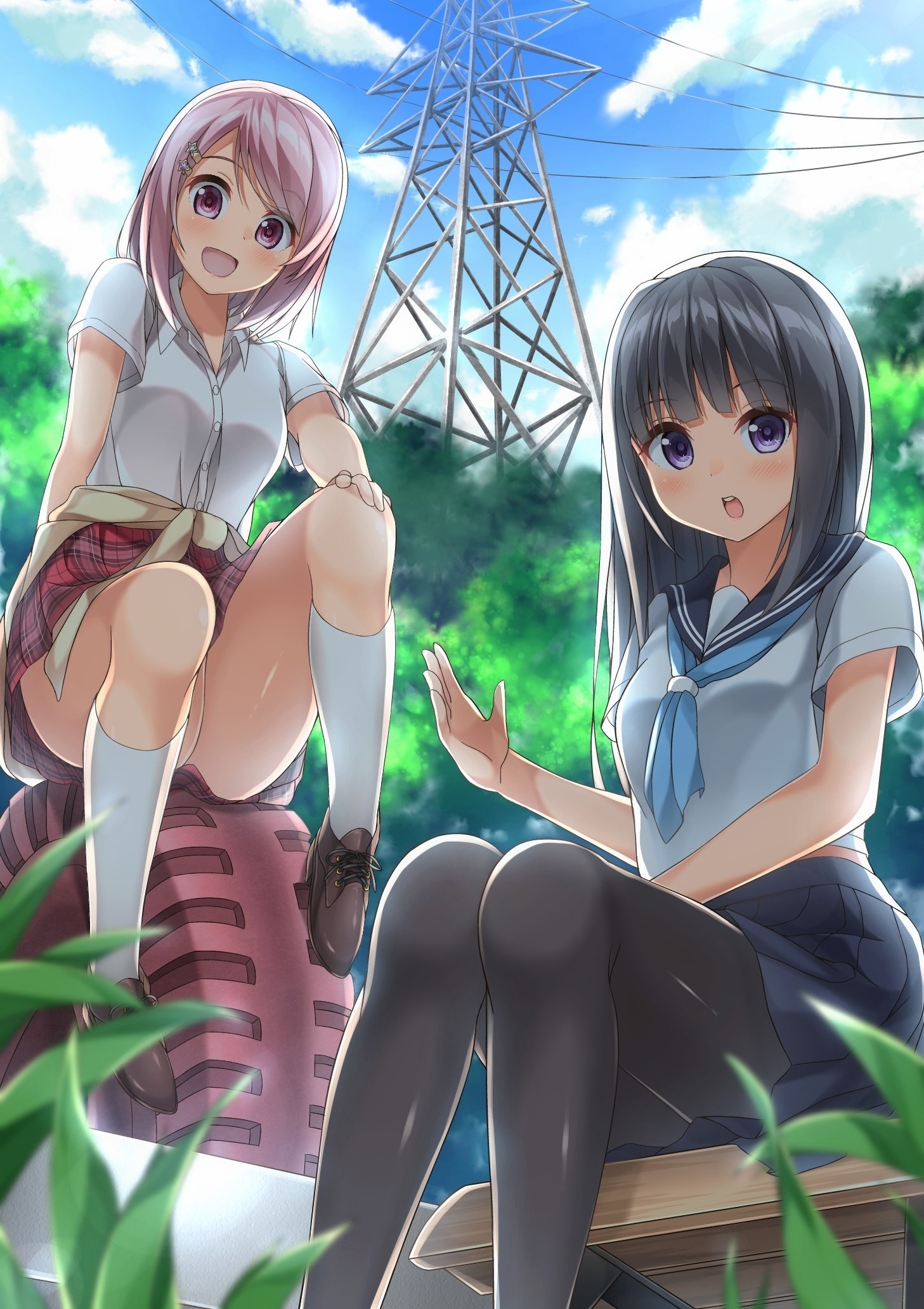 Safebooru - 2girls bangs black hair blue skirt blush clothes around waist clouds eyebrows ...