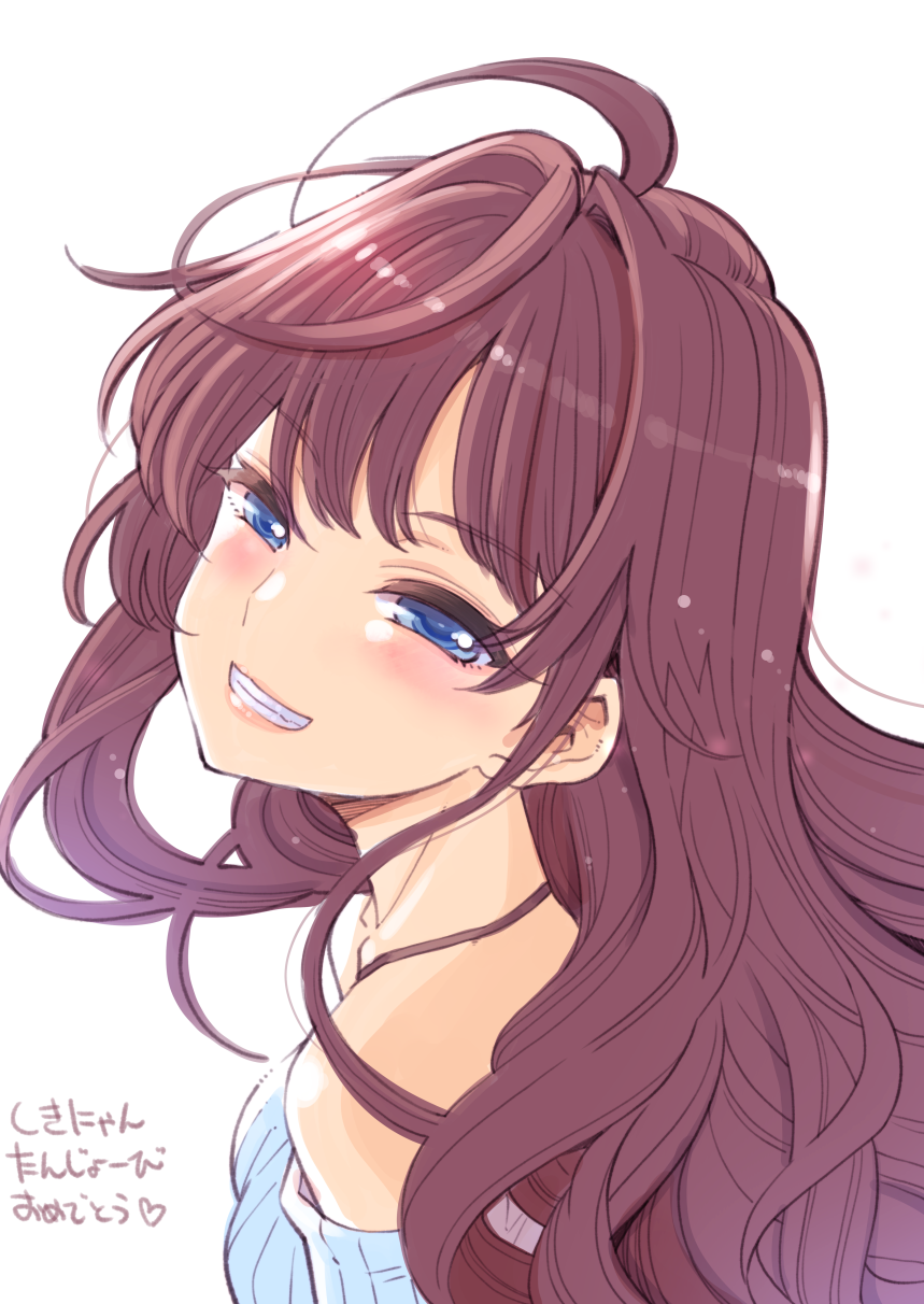 Safebooru - 1girl ahoge bare shoulders blue eyes blush brown hair ...