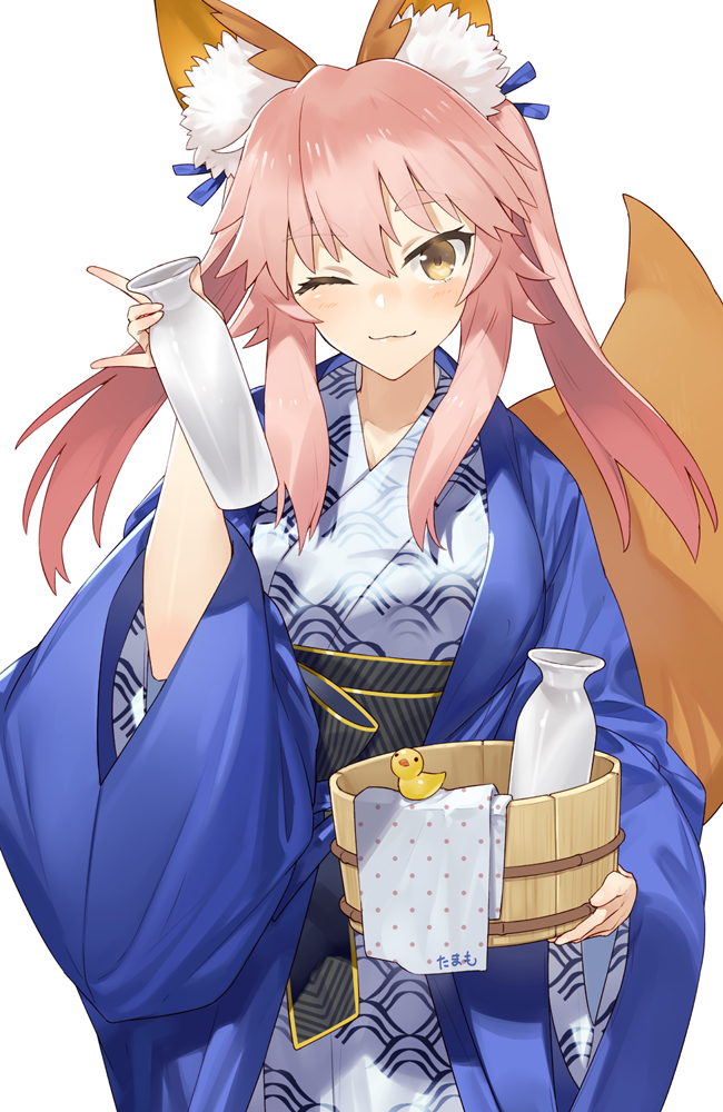 Safebooru - 1girl ;3 animal ears arm up bath yukata blue ribbon blush ...