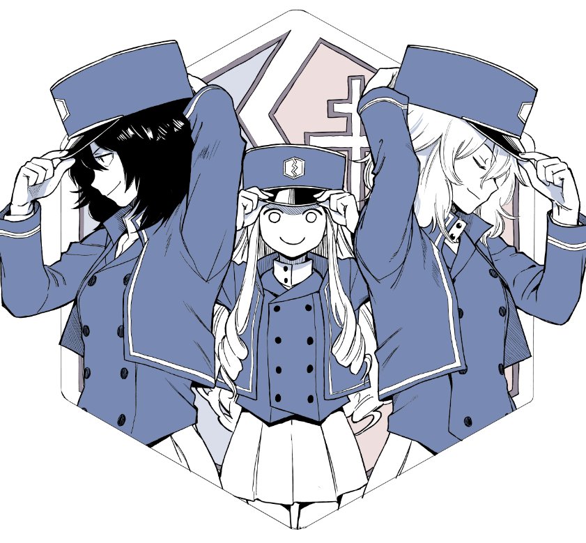 Safebooru - 3girls adjusting clothes adjusting hat andou (girls und ...