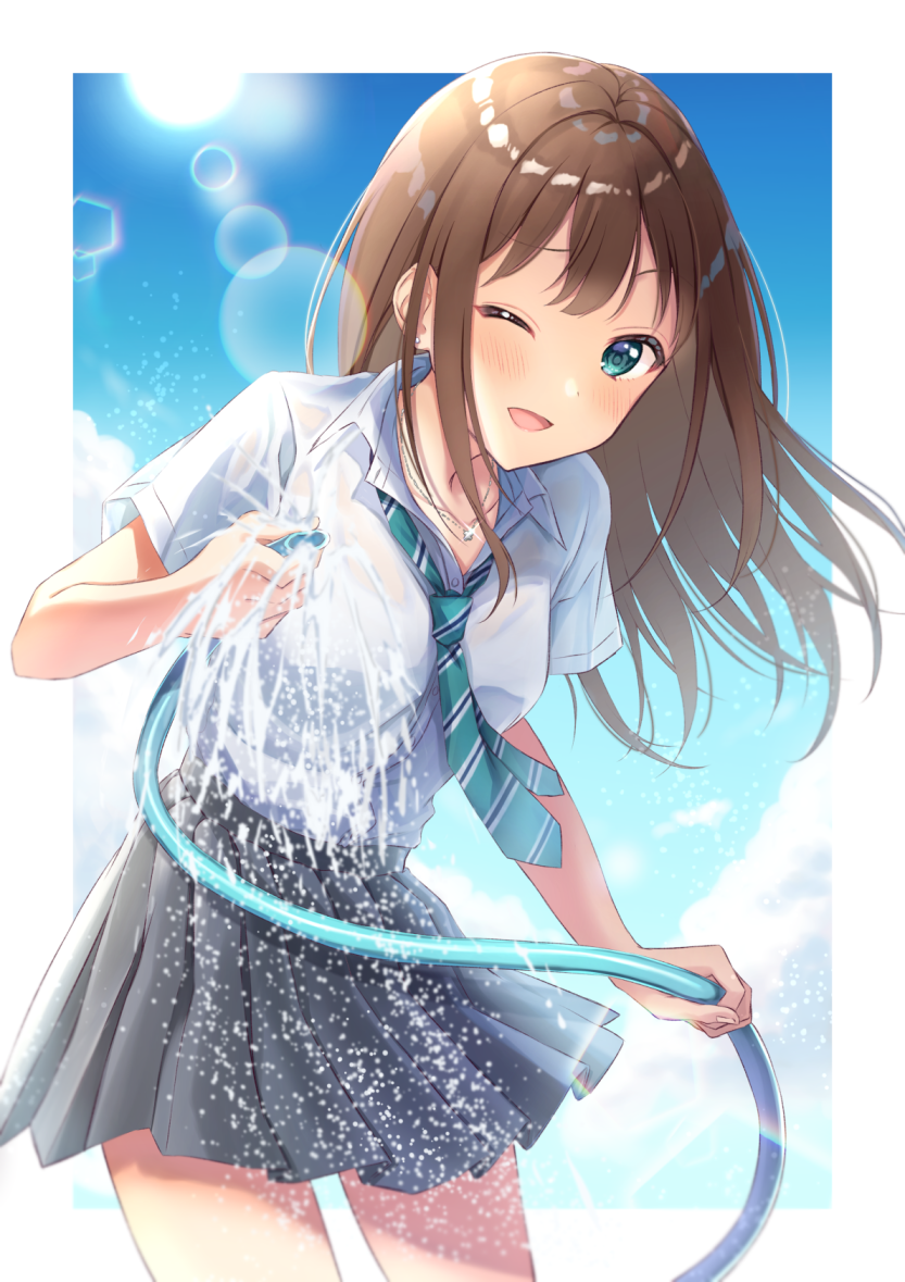 Safebooru - 1girl anoa aqua eyes black skirt blue sky blush brown hair clouds commentary request ...