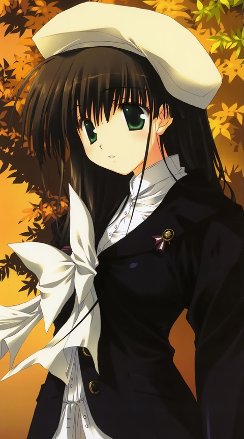 Safebooru - ascot autumn leaves beret brown hair character request ...
