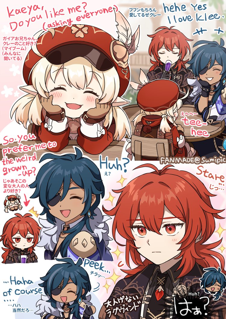 Safebooru - 1girl 2boys backpack bag bangs blonde hair blue hair blush brown hair chair closed ...