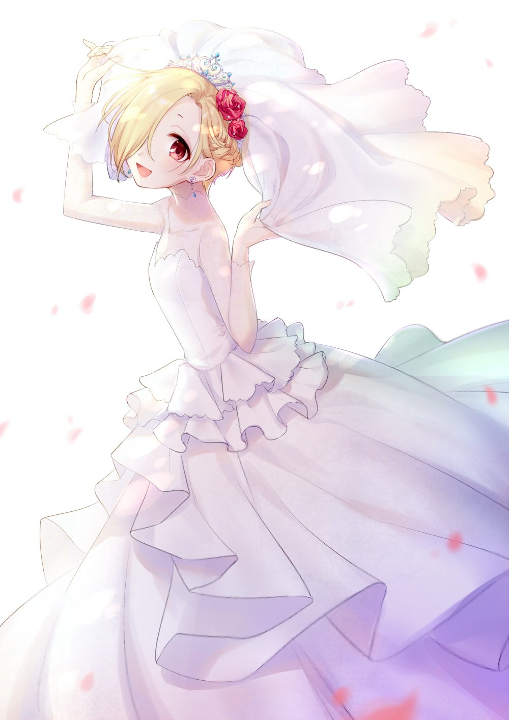 Safebooru - 1girl :d backlighting blonde hair blush bridal veil bride ...
