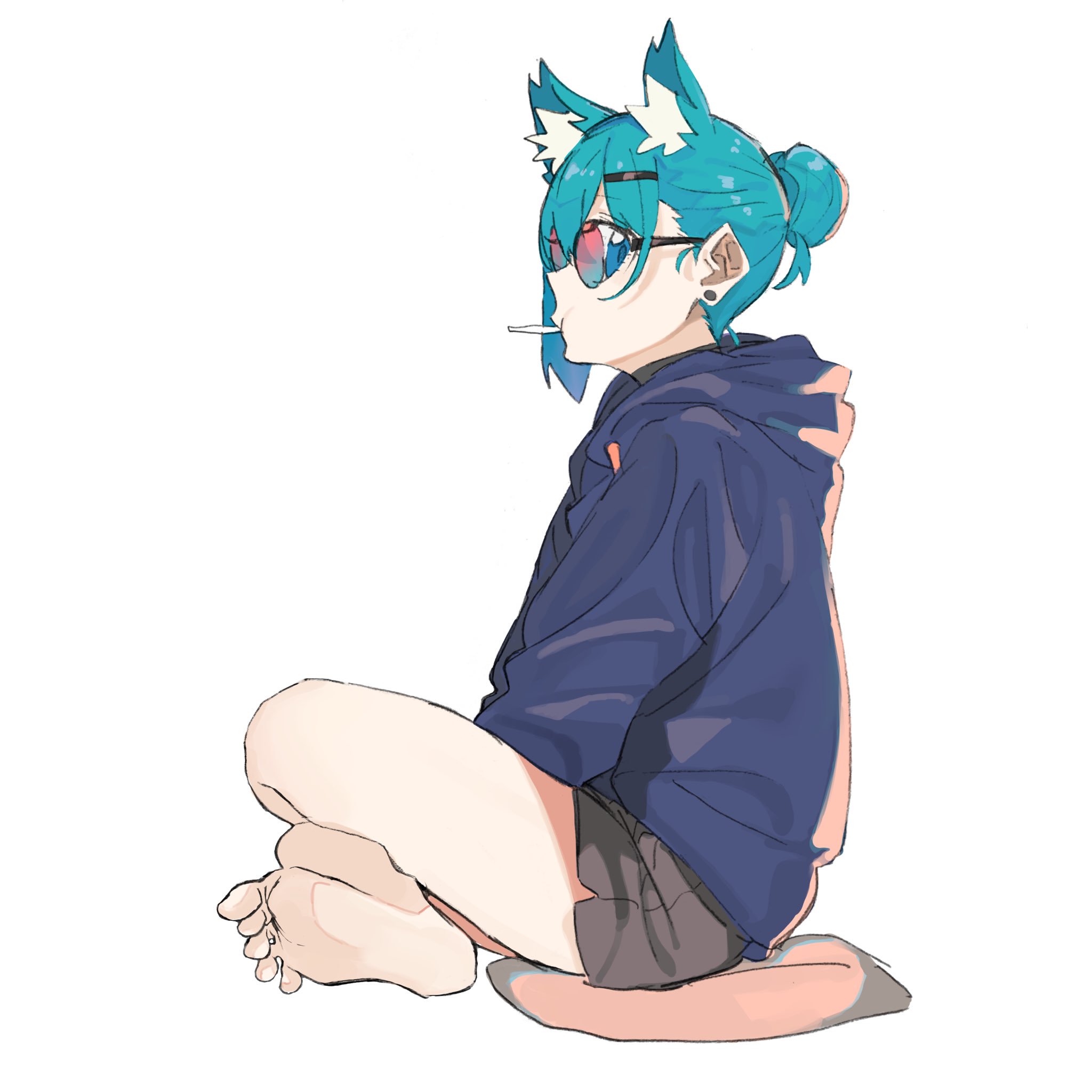 Safebooru - 1girl animal ears barefoot black shorts blue eyes blue hair blue hoodie cat ears ...